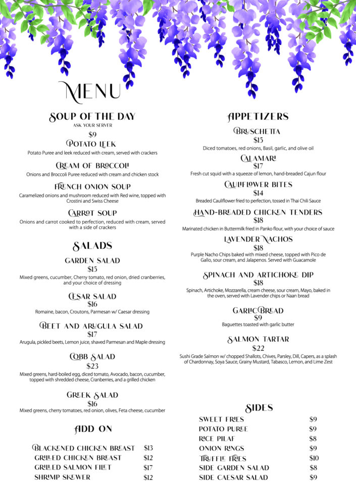 Main Menu - Lavender Grill, Heaven to the food lovers.