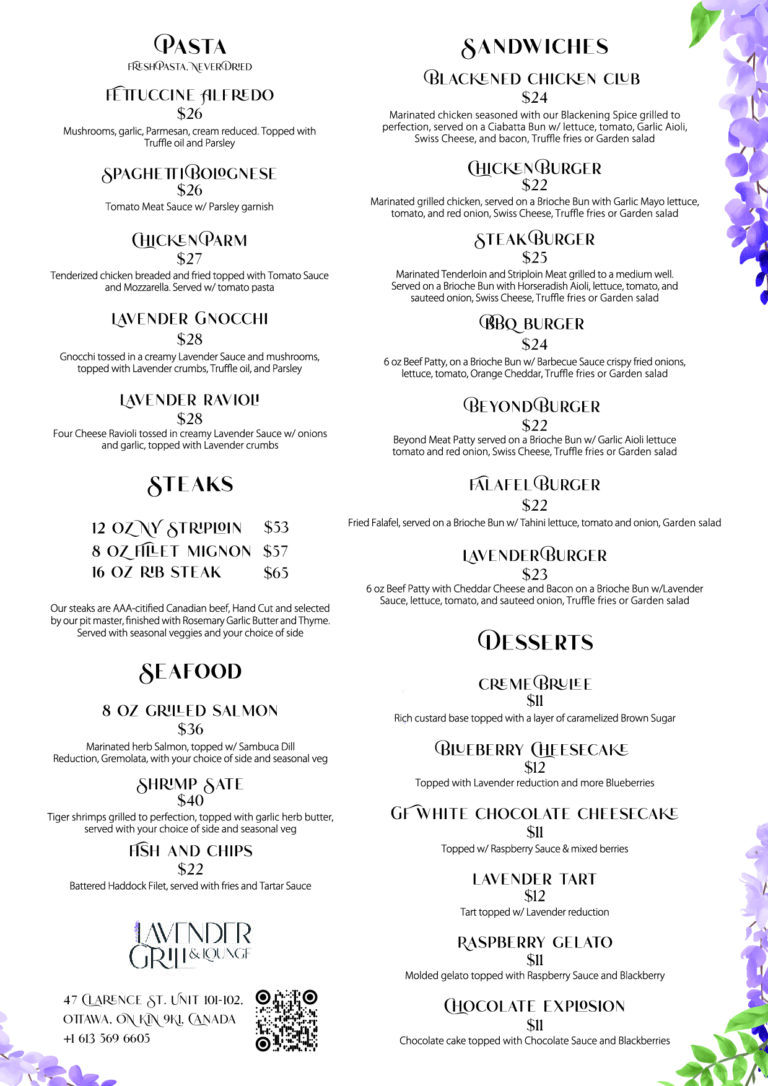 Main Menu - Lavender Grill, Heaven to the food lovers.